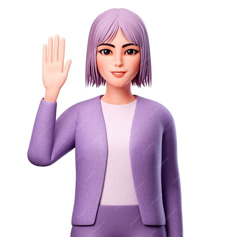 Premium Photo Cute Female Character With Purple Dressed Showing Hi