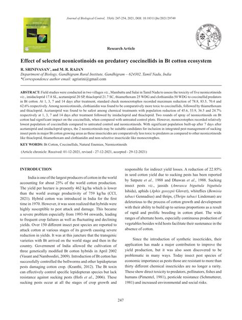 Pdf Effect Of Selected Neonicotinoids On Predatory Coccinellids In Bt Cotton Ecosystem