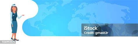스튜 어디 스 여자 유니폼과 모자를 가리키는 세계 지도 공항 승무원 직업 직업 개념 여성 캐릭터 전체 길이 평면 수평 배너