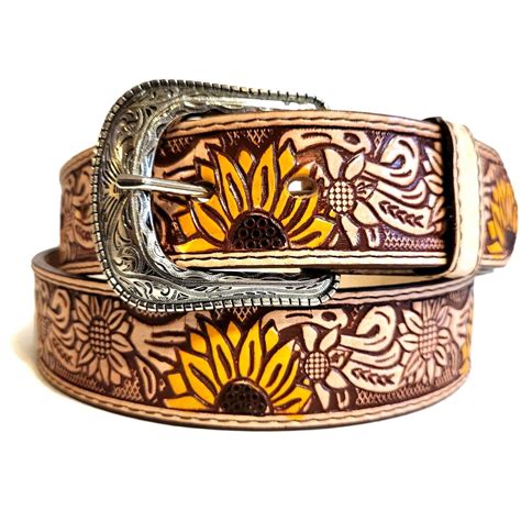 Boho Sunflower Leather Belt For Women Handmade With Genuine Leather