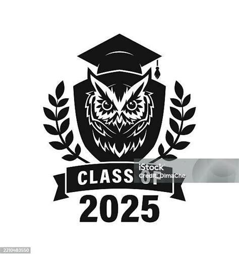 졸업 엠블럼의 클래스 각모판 올빼미 방패 리본 및 월계관 화환과 함께 대학원 행사 인사말 배지 잘라 벡터 배너 로고 아이콘 대학교에 대한 스톡 벡터 아트 및 기타 이미지