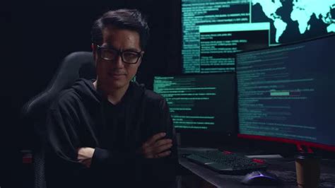 Asian Man Hacker Pose With Code On Multiple Computer Screens Stock Footage