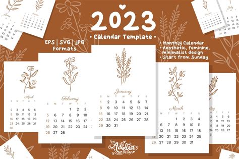 2023 Calendar Template Aesthetic Florals Graphic By Adelia Design