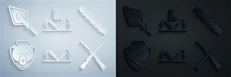 트랩 사냥 카트리지가 있는 사냥 카트리지 벨트 방패에 곰 머리 두 개의 교차산탄총 힙스터 화살표 팁 아이콘을 설정합니다 벡터 3차원 형태에 대한 스톡 벡터 아트 및 기타