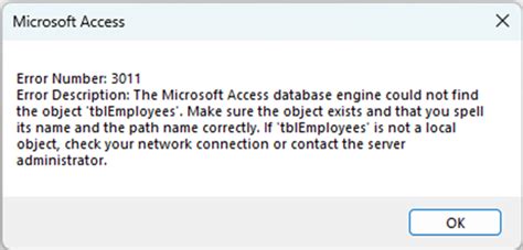 Solved Error Number 3011 Access World Forums