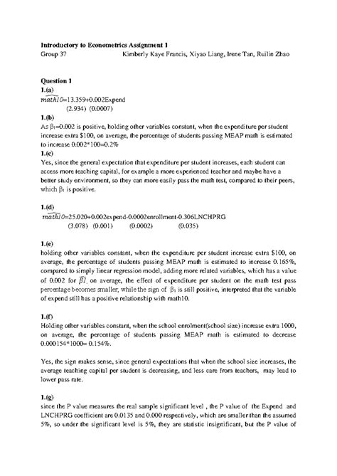 Etc Assignment Introductory To Econometrics Assignment 1 Group 37 Kimberly Kaye Francis Xiyao
