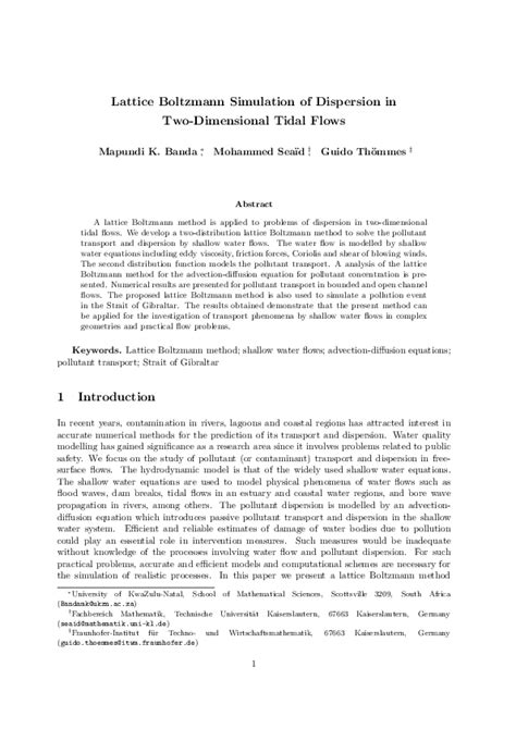 Pdf Lattice Boltzmann Simulation Of Dispersion In Two Dimensional Tidal Flows