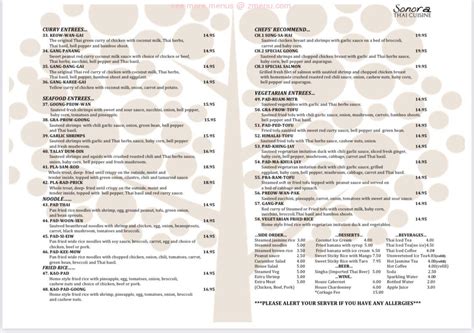 Menu At Sonora Thai Cuisine Restaurant Sonora