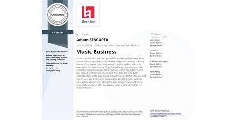 Soham Sengupta On Linkedin Completion Certificate For Music Business