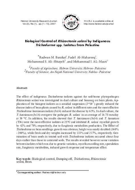 Pdf Biological Control Of Rhizoctonia Solani By Indigenous Trichoderma Spp Isolates From