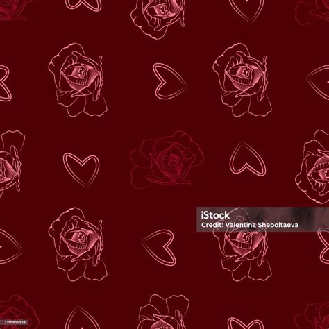 분홍색 장미 꽃의 윤곽을 그리는 벡터 꽃 손으로 그린 세 가지 색상 패턴과 섬유 디자인 벽지 발렌타인 데이 선물 포장을위한 어두운 부르고뉴 배경에 심장과 사랑의 상징 0명에