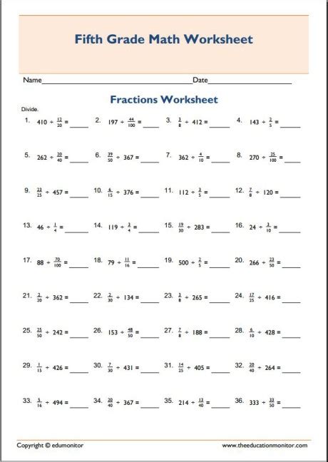 5th Grade Dividing Fractions Worksheets Edumonitor