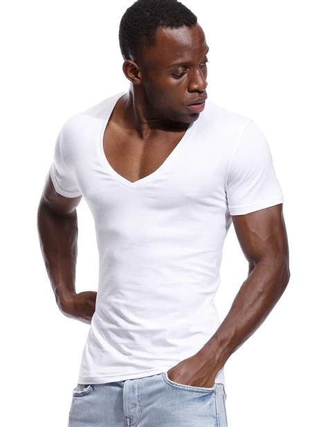 Deep V Neck T Shirt For Men Low Cut Vneck Wide Vee Tee Male Tshirt Invisible Undershirt Model