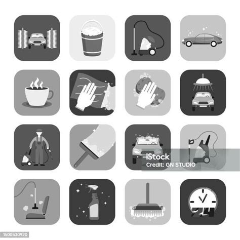 흰색 배경에 분리된 세차장 아이콘 집합입니다 세차 과정의 픽토그램 표지판의 큰 컬렉션입니다 전단지와 웹 포스터에 인쇄를 위한