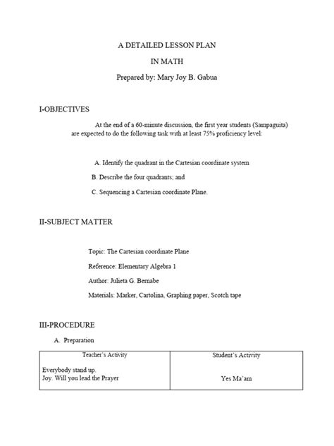 a detailed lesson plan in pteac2 pdf cartesian coordinate system