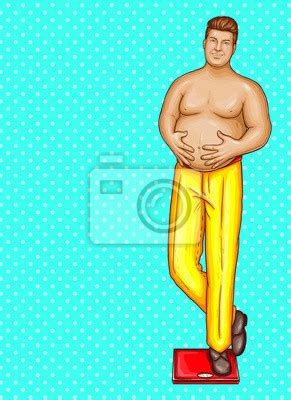 Vector Pop Art Naked Fat Man On A Floor Scales Obese Handsome Posters