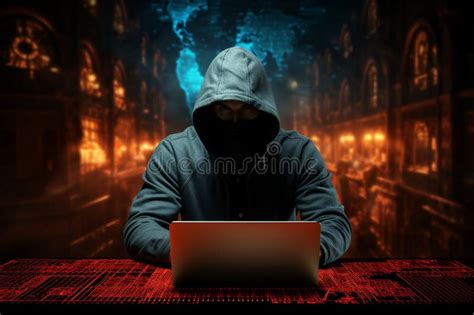 Hacker Sits In Front Of Monitors Anonymous Hooded Back View Hacker Attack On Remote Servers Or
