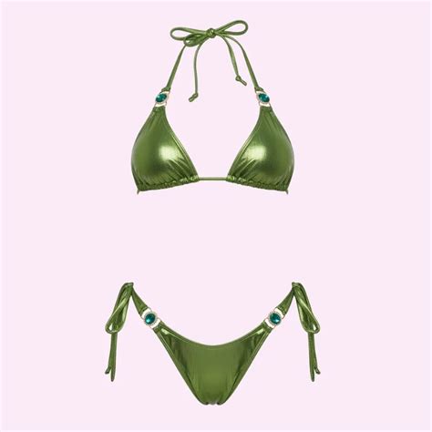 Triangle Bikini Set Green Shimmer Exotic Resort Beachwear
