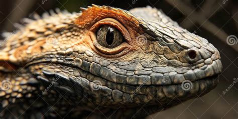 Ultra Close Macro Shot Of A Lizards Face With Sharp Scales And