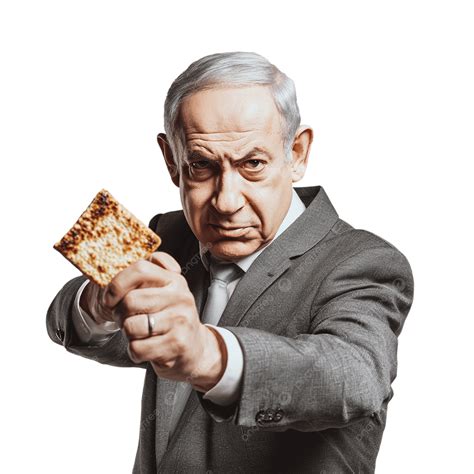 Angry Benjamin Netanyahu Holding Jachnun On White Background Israel