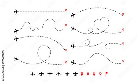 Set Of Vector Dashed Airplane Flight Paths The Trajectory Or Path Of An Aircraft The