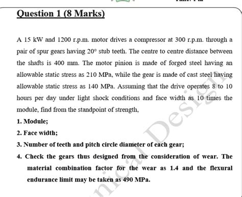 SOLVED Question 1 8 Marks A 15 KW And 1200 R P M Motor Drives A