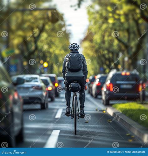 Cyclist Road Carriageway Shares Space With Passing Cars Stock