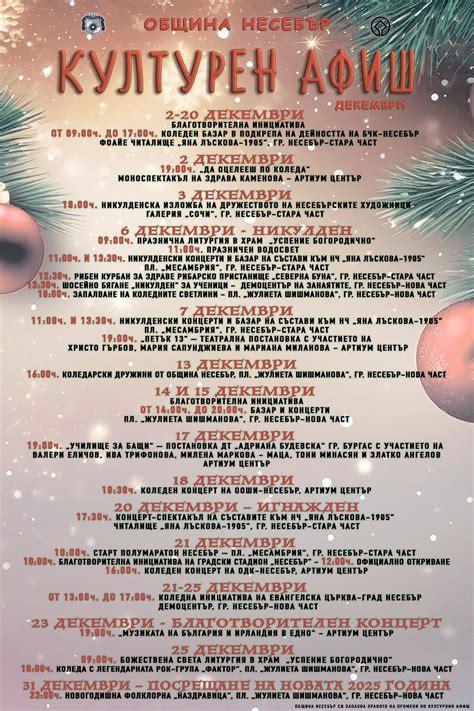 КУЛТУРНАТА ПРОГРАМА НА ОБЩИНА НЕСЕБЪР ЗА МЕСЕЦ ДЕКЕМВРИ 2024г