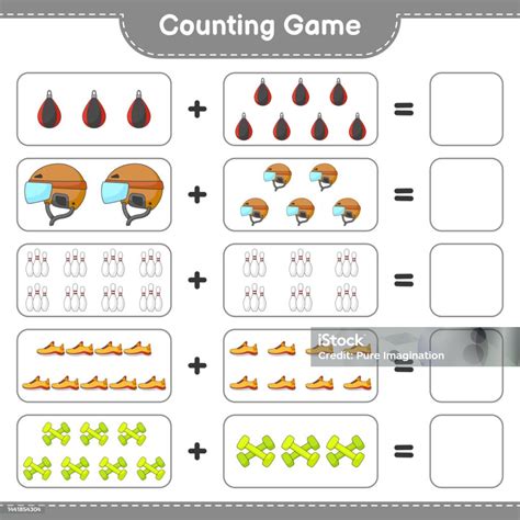 세고 일치하고 하키 헬멧 운동화 볼링 핀 덤벨 펀칭 백의 수를 세고 올바른 숫자와 일치시킵니다 교육 어린이 게임 인쇄 워크시트 벡터 일러스트 레이 션 0명에 대한 스톡 벡터