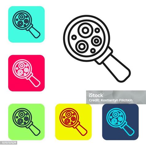 흰색 배경에 격리 된 돋보기 아이콘 아래 검은 라인 미생물 박테리아와 세균 세포암 미생물 바이러스 곰팡이 색상 정사각형 단추로 아이콘을 설정합니다 벡터 건강 진단에 대한