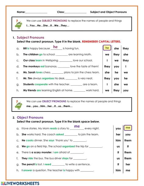 Subject And Object Pronoun Worksheet Grade 3