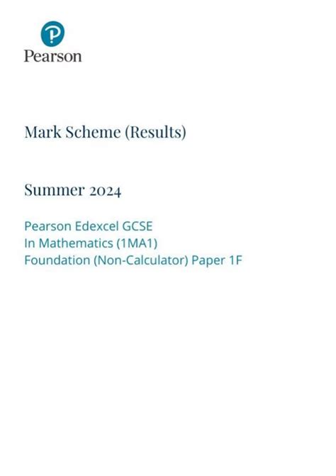 Edexcel Gcse Mathematics 1ma1 1f Paper 1 Non Calculator Foundation Tier Mark Scheme May 2024