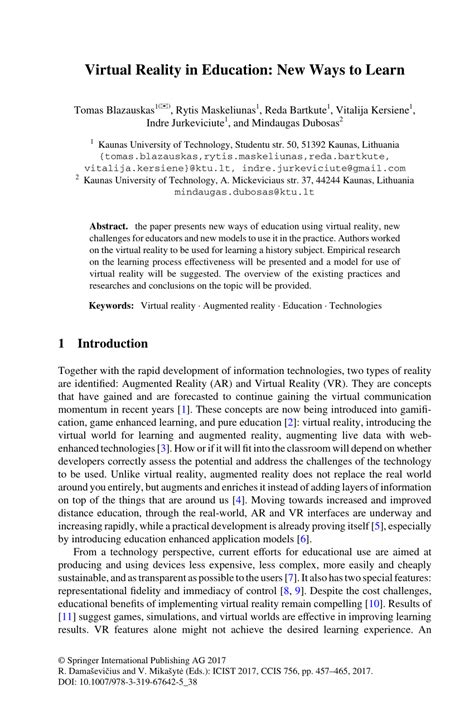 Pdf Virtual Reality In Education New Ways To Learn