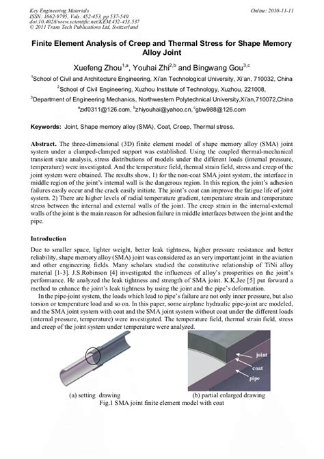 Finite Element Analysis Of Creep And Thermal Stress For Shape Memory Alloy Joint Scientificnet