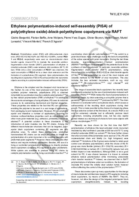 Pdf Ethylene Polymerization‐induced Self‐assembly Pisa Of Poly