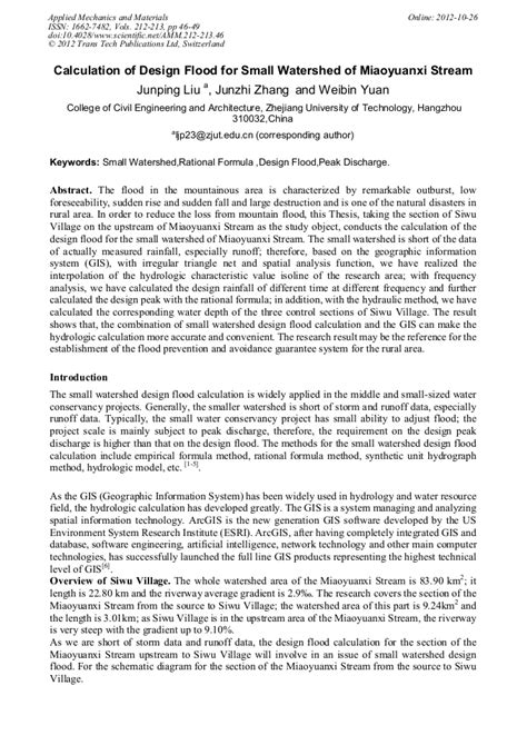 Calculation Of Design Flood For Small Watershed Of Miaoyuanxi Stream