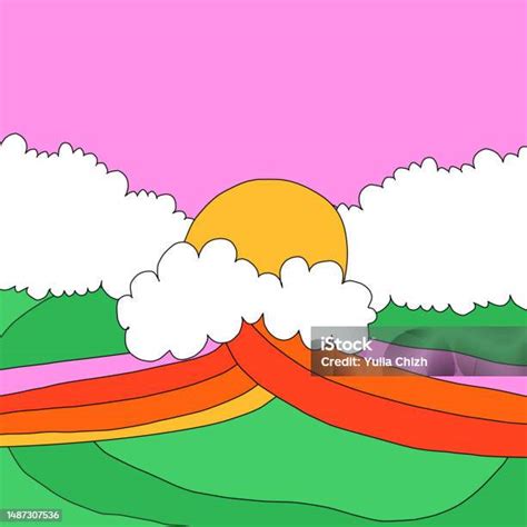 소셜 미디어에 대 한 사각형 템플릿입니다 편집 가능한 레이어드 사진 프레임1970 사이키델릭하고 그루비한 히피족 무지개 하늘