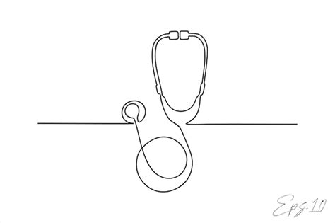 의사의 청진기 도구의 연속 라인 아트 드로잉 프리미엄 벡터