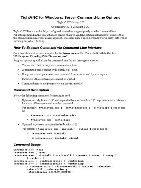 tightvnc for windows server command line options how to execute