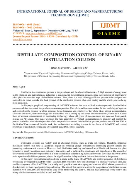 Pdf Distillate Composition Control Of Binary Distillation Column