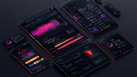 Dark Mode Futuristic Ui Dashboards With Neon Glowing Interface Elements Stock Illustration