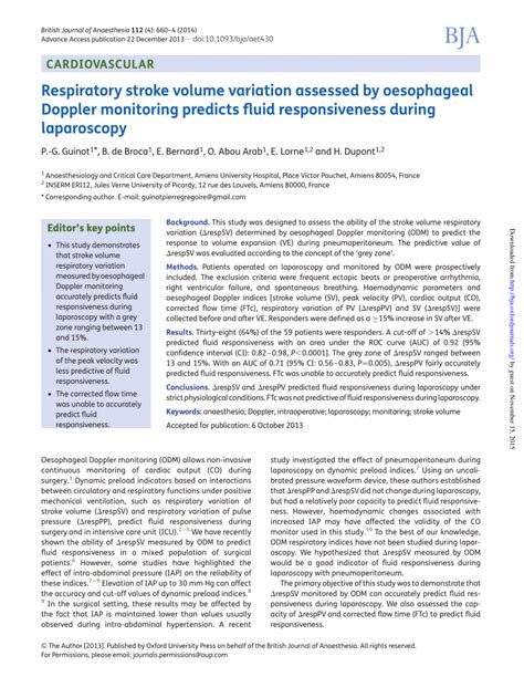 Pdf Respiratory Stroke Volume Variation Assessed By Oesophageal Doppler Monitoring Predicts