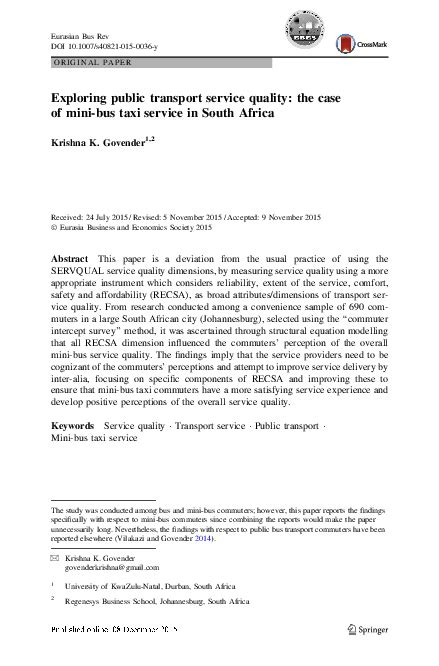 Pdf Exploring Public Transport Service Quality The Case Of Mini Bus Taxi Service In South Africa
