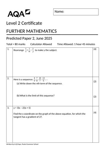 Aqa Level 2 Further Maths Predicted Paper 2025 Teaching Resources