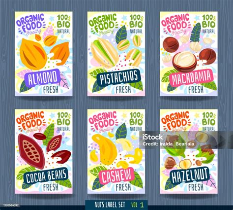 추상 스플래시 식품 라벨 템플릿입니다 견과류 허브 과일 향신료 패키지 디자인 아몬드 피스타치오 마카다미아 코코아 콩 캐슈 헤이즐넛 벡터 일러스트레이션 디자인에 대한 스톡