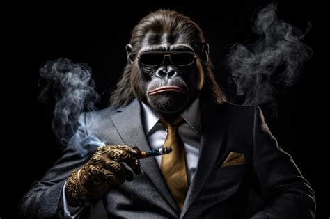 Premium Ai Image Smoking A Cigar Gorilla In Suit And Sunglasses On Black Background Generative Ai