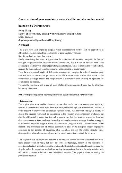 Pdf Construction Of Gene Regulatory Network Differential Equation Model Based On Svd Framework