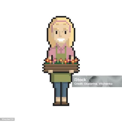 흰색 바탕에 농부 픽셀 아트입니다 벡터 일러스트입니다 등장인물에 대한 스톡 벡터 아트 및 기타 이미지 등장인물 모자이크 처리 원예 Istock