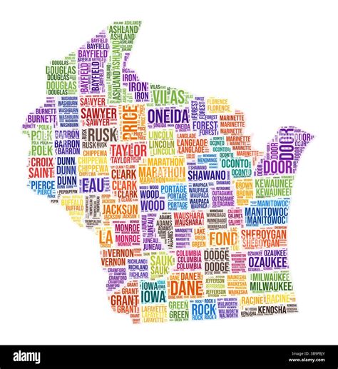 Wisconsin County Word Cloud State Shape Design Wisconsin Colored