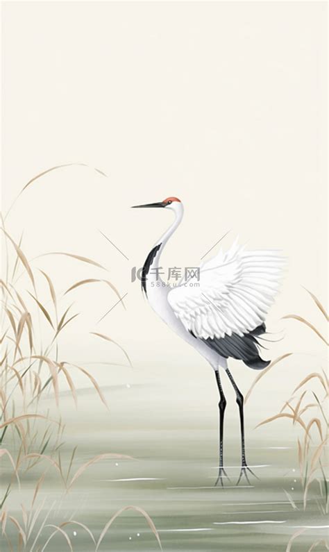 中国风水彩画淡雅仙鹤白鹭节气插画图片 千库网